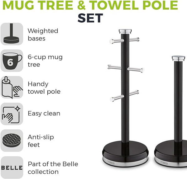 Tower Belle Mug Tree and Towel Pole Set, Stainless Steel, Noir, Black ...